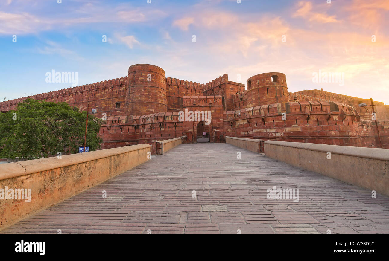 Agra Fort - Historic red sandstone fort of medieval India at sunrise ...
