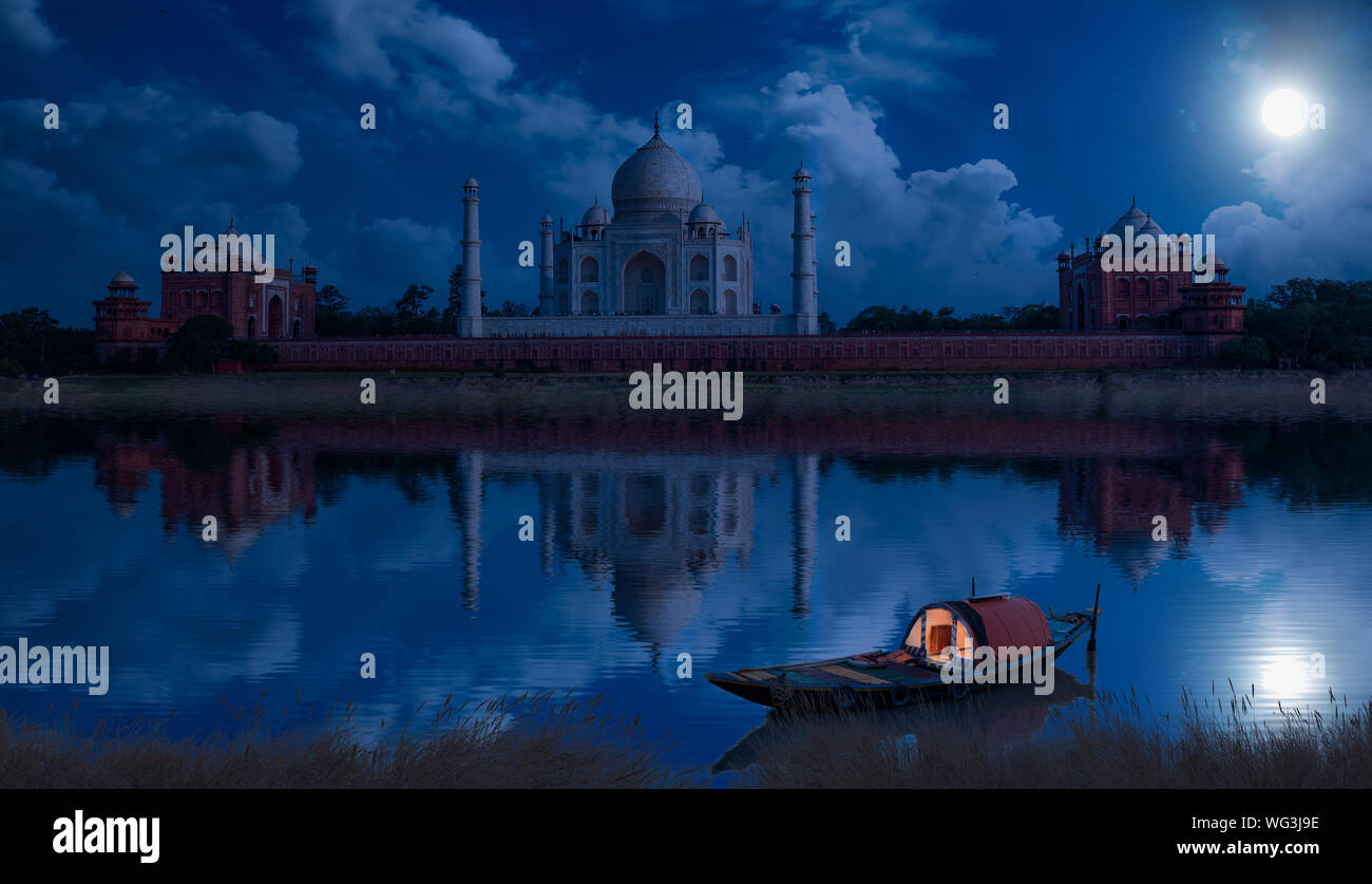 Taj Mahal Agra on a full moon night as seen from Mehtab Bagh on the ...