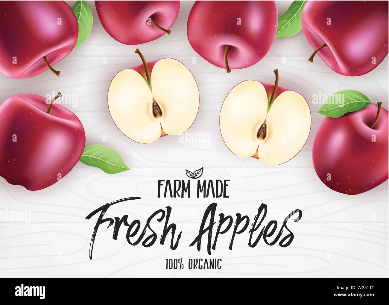 Fresh Red Apples Organic Farm Made. 3D Realistic Whole and Sliced ...