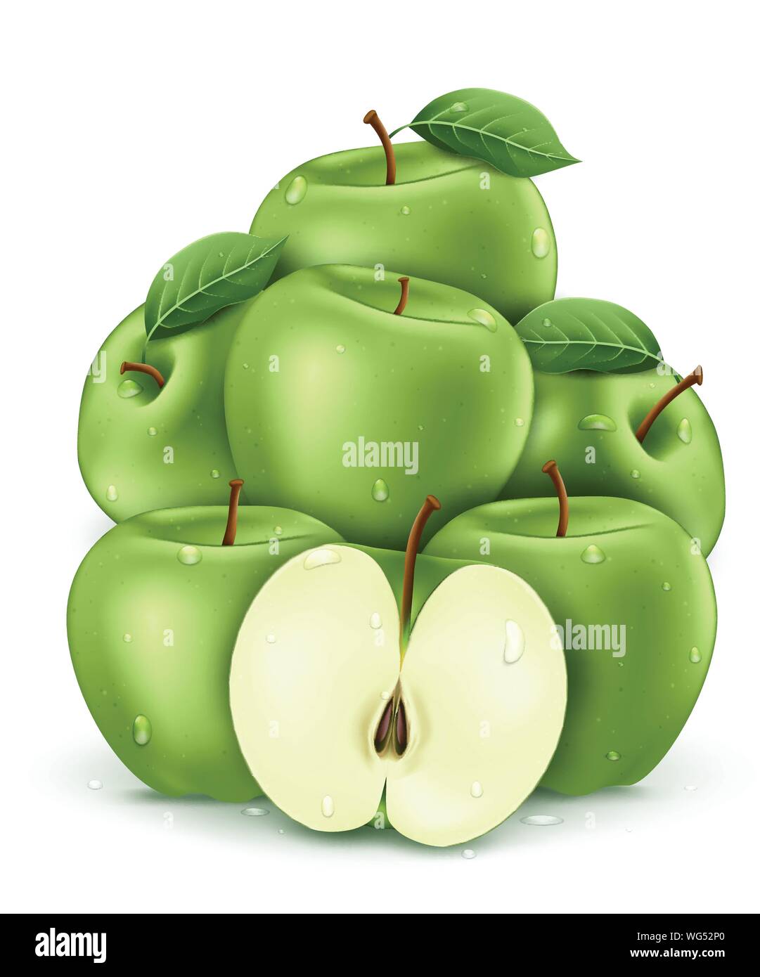 Green Wet Fresh Apples with Water Drops 3D Realistic Stacked in White ...