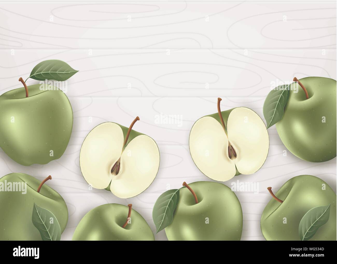 Fresh Green Apples Organic Farm Made. 3D Realistic Whole and Sliced ...