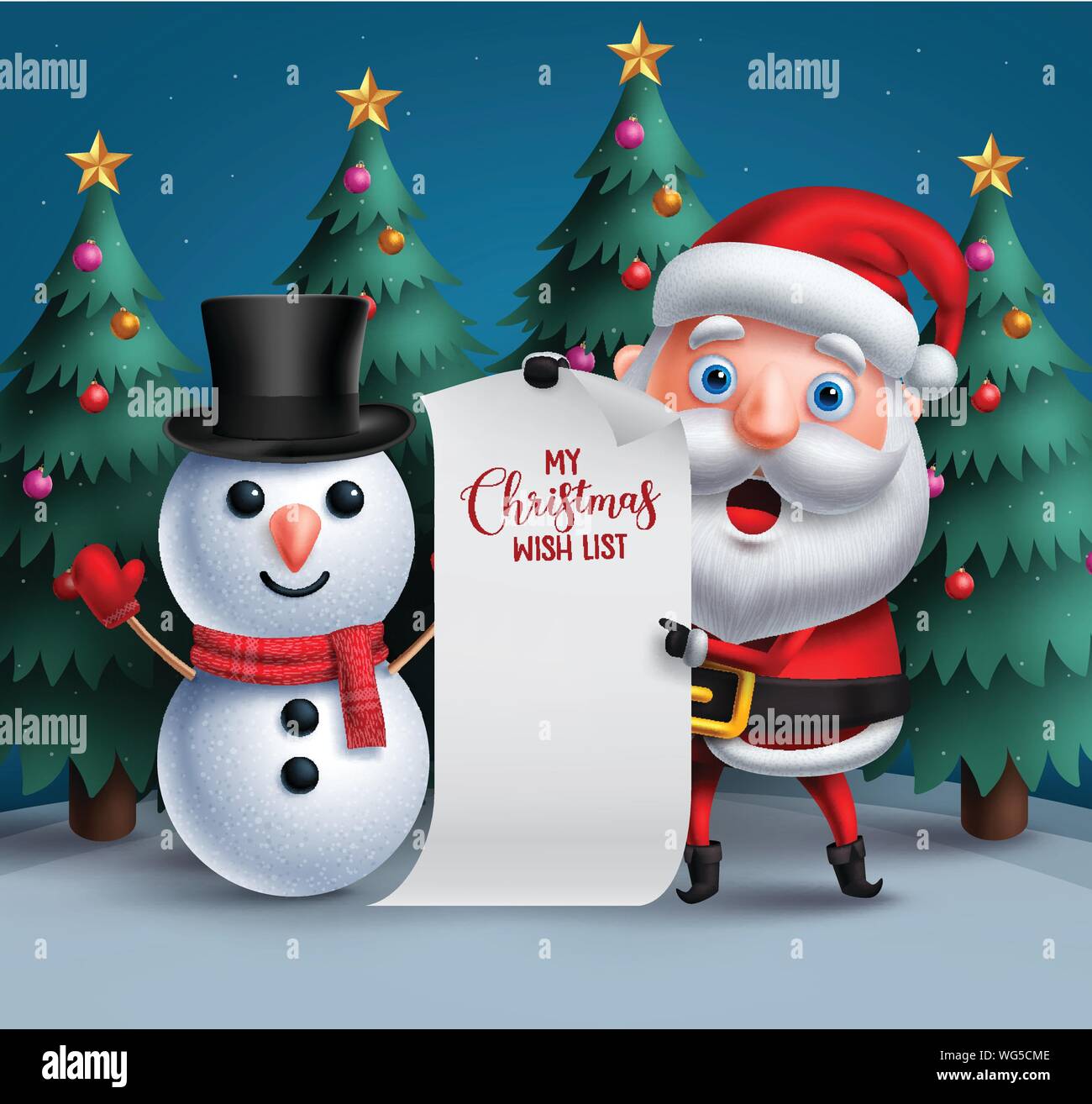 Santa claus and snowman vector characters holding blank christmas wish ...