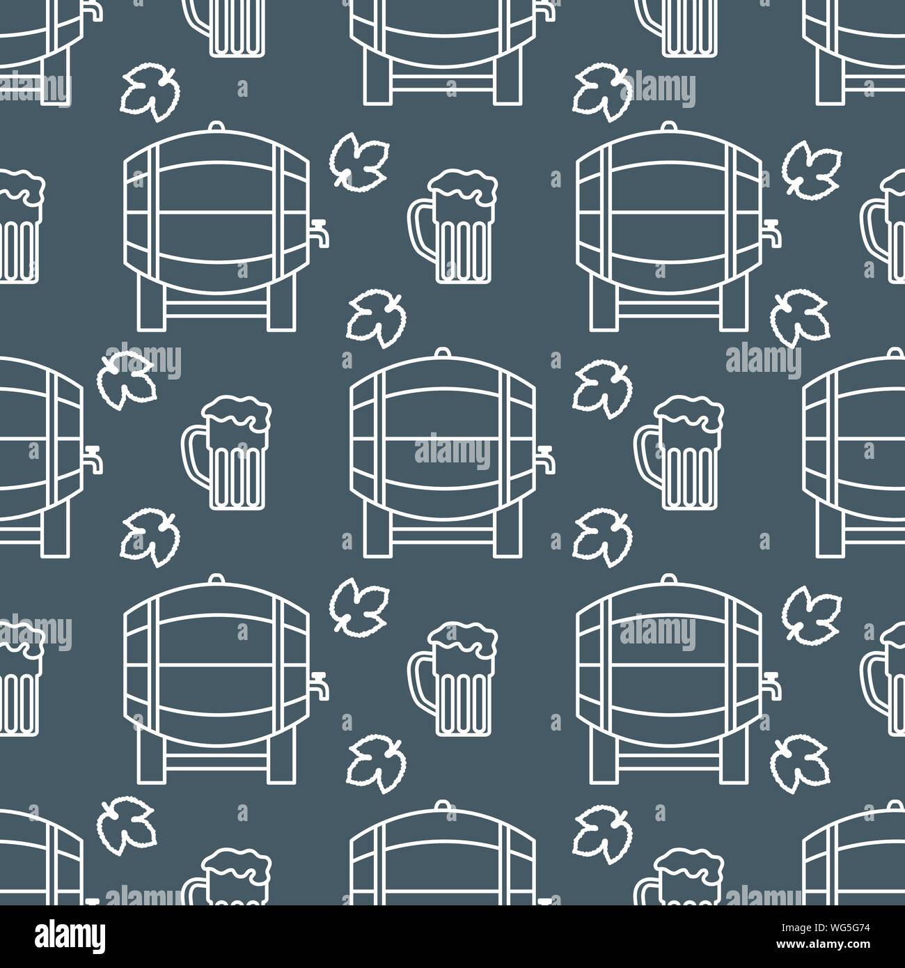 Festive seamless pattern with barrel, beer, mug, hop leaves. Beer party ...