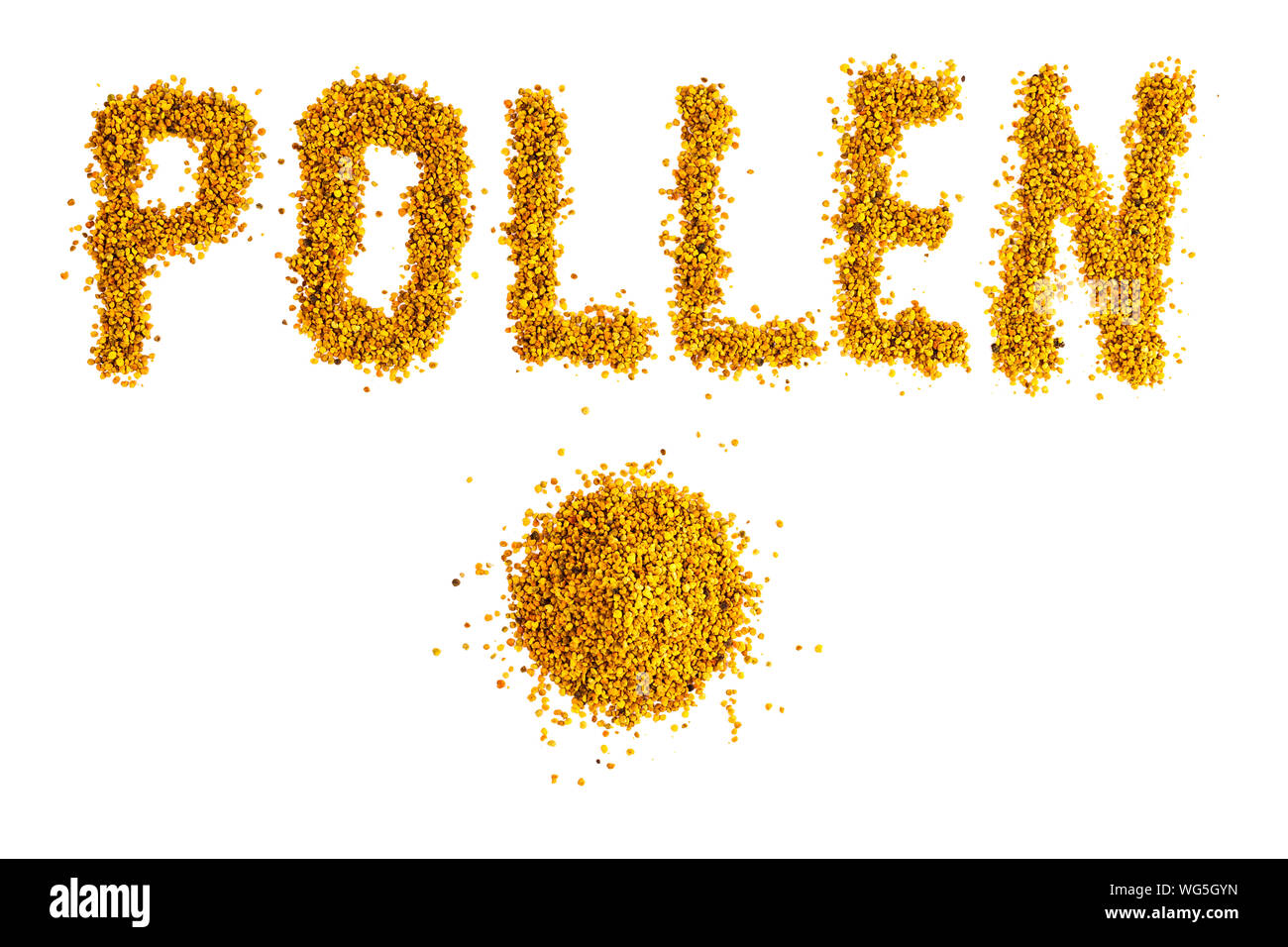 letters and small heap of bee pollen granules isolated on white ...