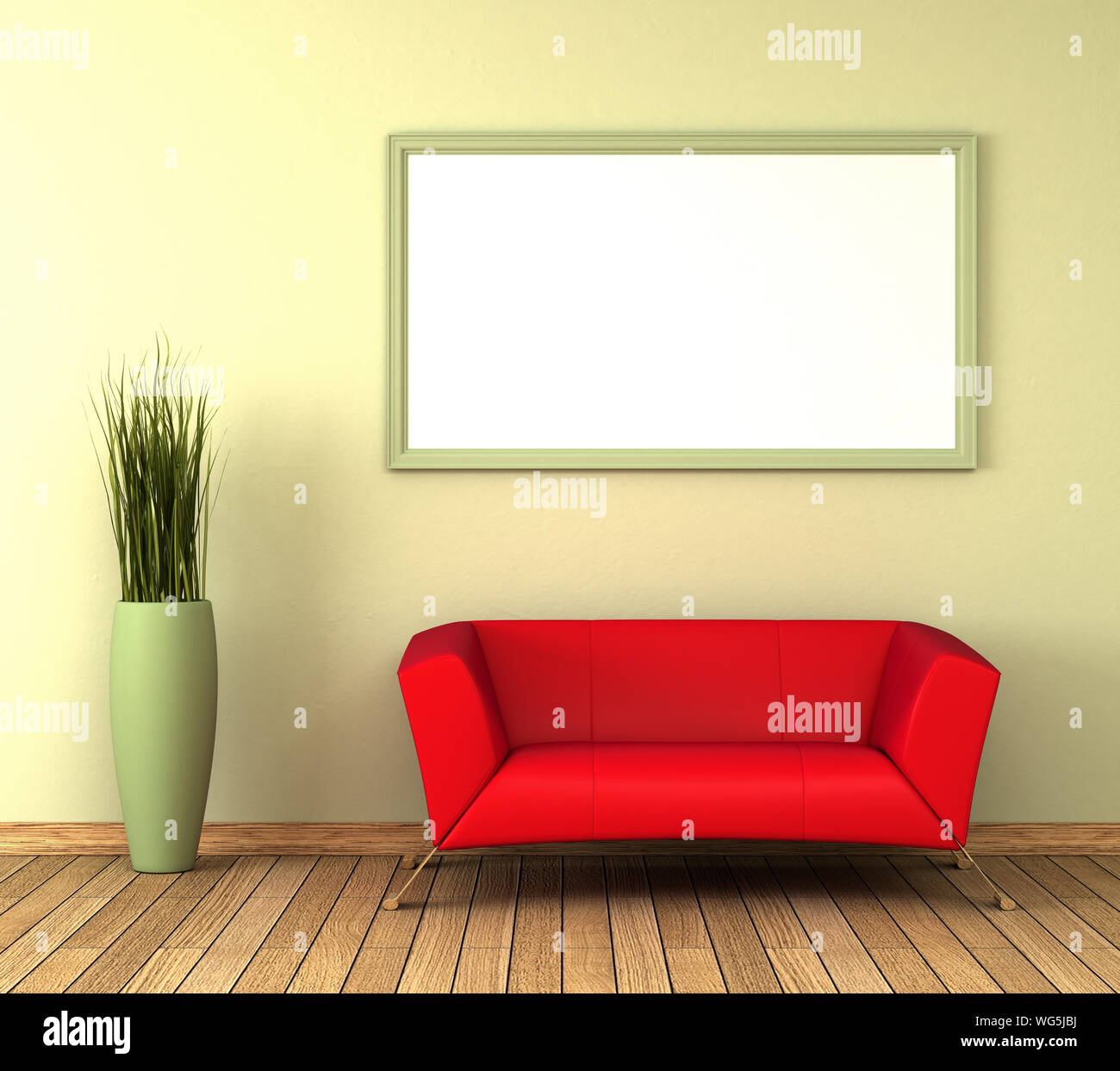 Single red sofa in living room Stock Photo - Alamy