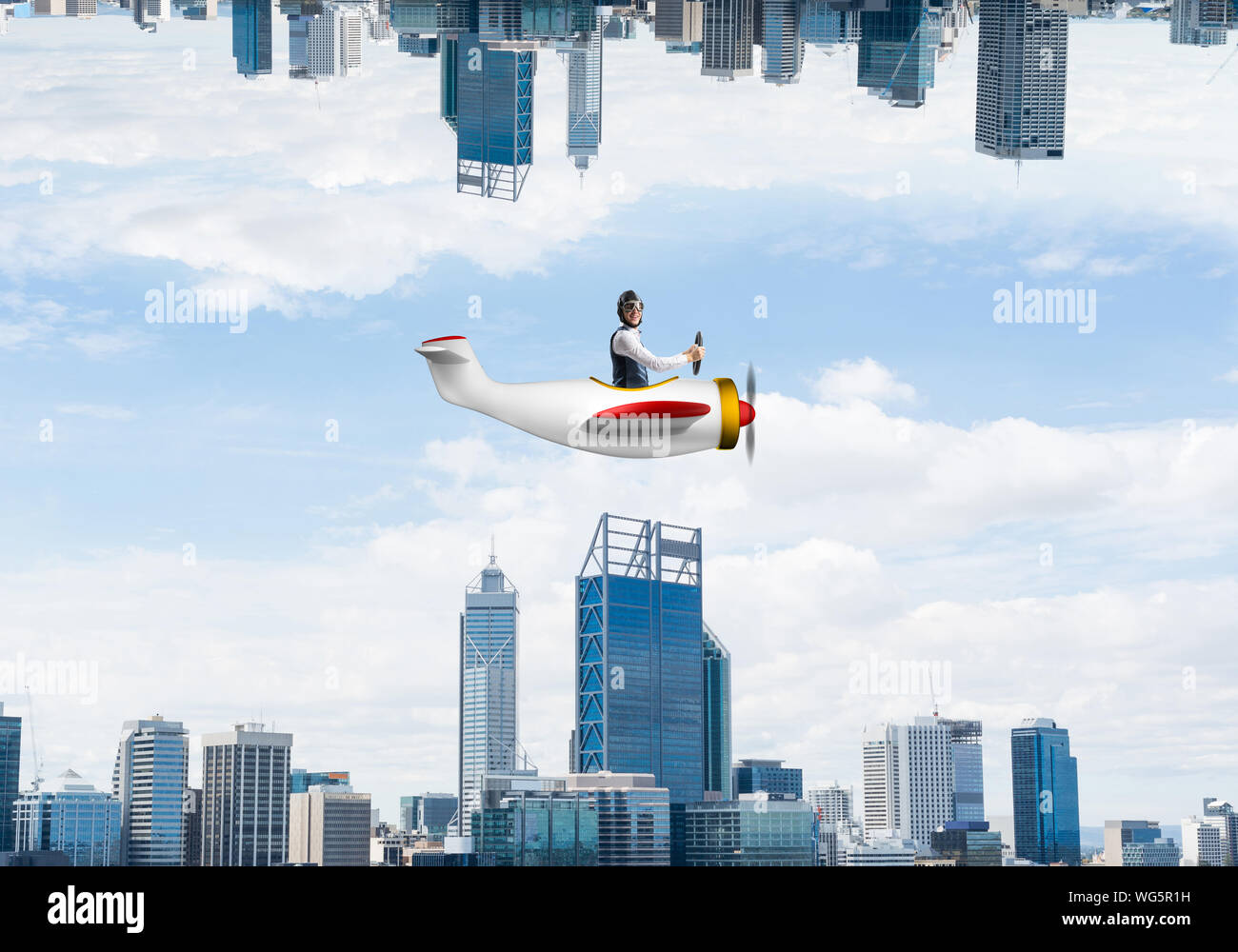 Businessman flying in small airplane. Two modern urban worlds located ...