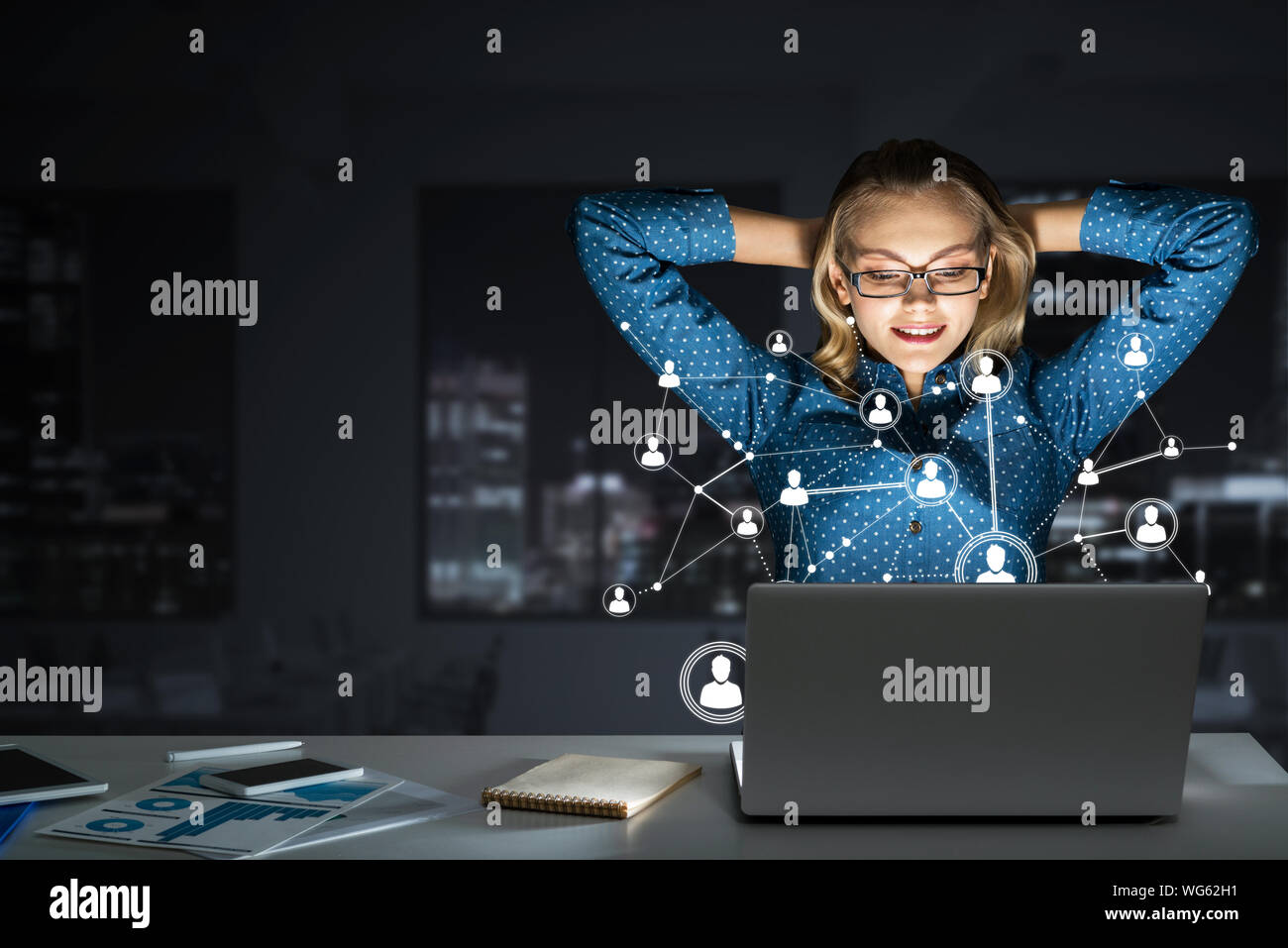 Beautiful girl looking in glowing laptop screen. 3d rendering Stock ...