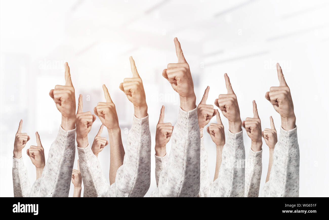Row of man hands showing finger pointing gesture with forefinger. Group ...