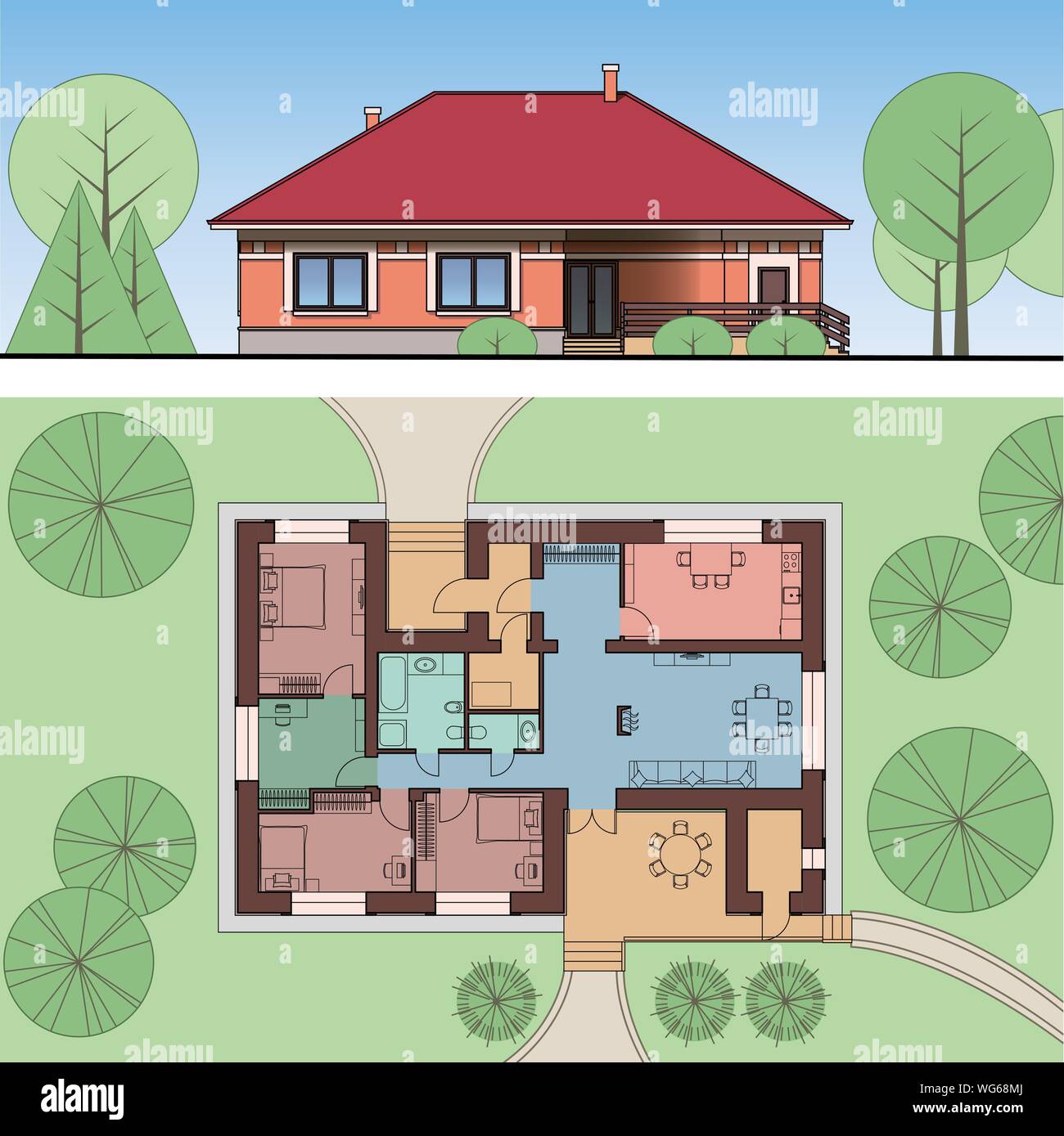 Architectural facade and plan of a house on the land. Views of single ...