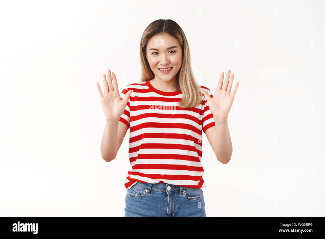 Calm down got situation under control. Assertive optimistic asian blond ...