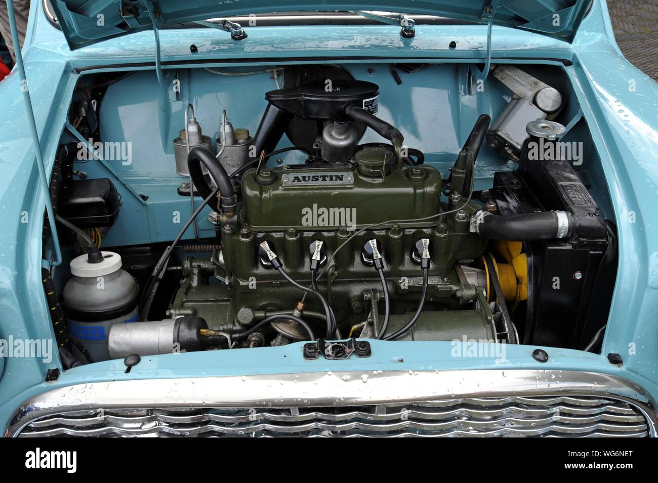 Engine compartment of a 1960 Austin Seven Mini with an 848cc petrol ...