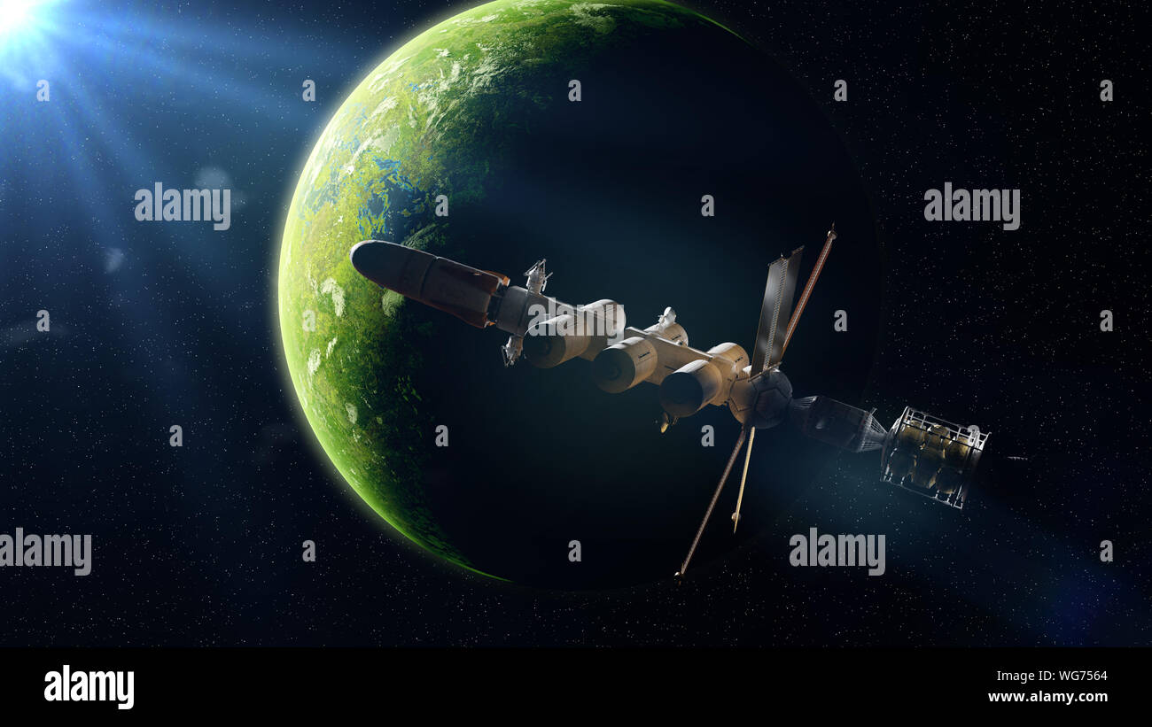 spaceship in orbit of a green alien planet, finding life in outer space ...