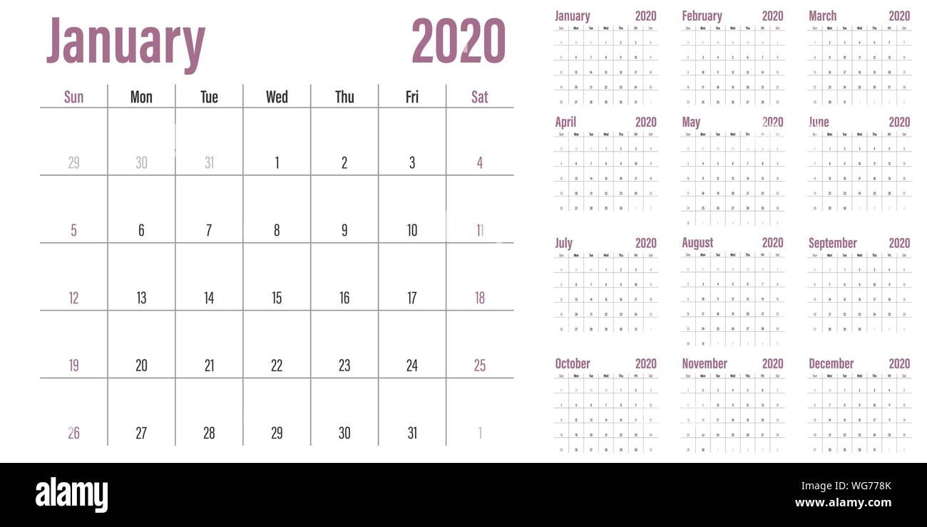 Calendar planner 2020 template vector illustration all 12 months week ...