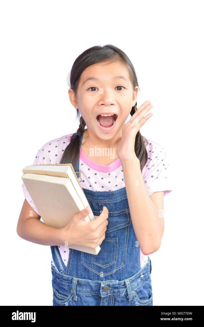 Portrait Of Girl Holding Books Shouting Against White Background Stock ...