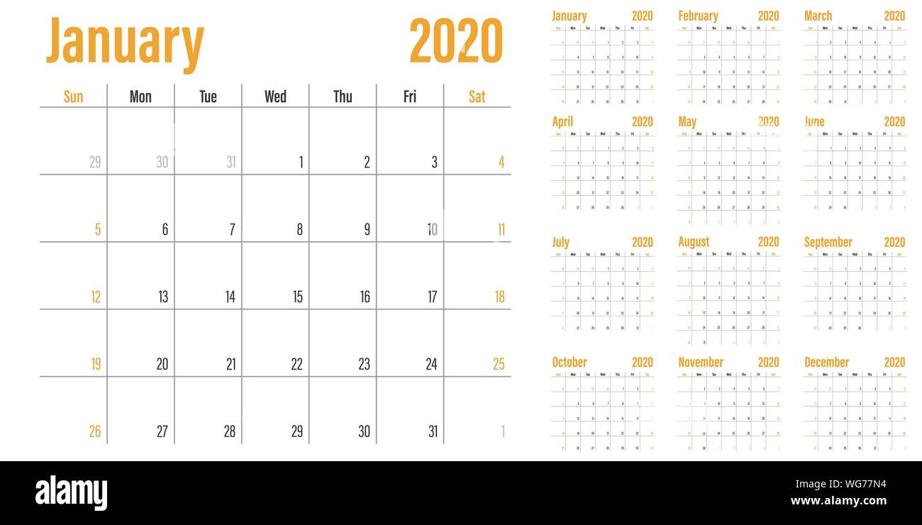 Calendar planner 2020 template vector illustration all 12 months week ...