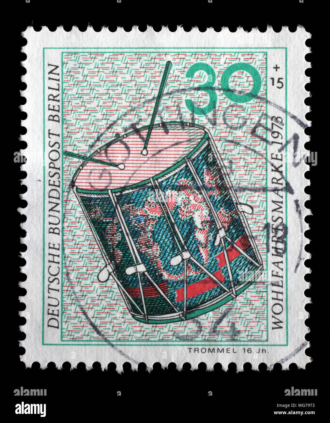 Stamp issued in Germany - Berlin shows Drum (16. ct.), Welfare: Musical ...