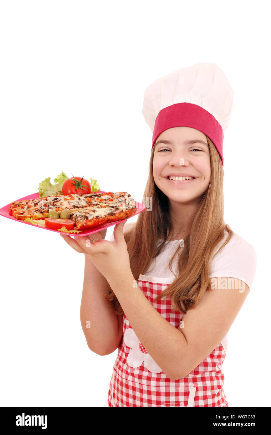 Happy girl cook with sandwich and salad on plate Stock Photo - Alamy