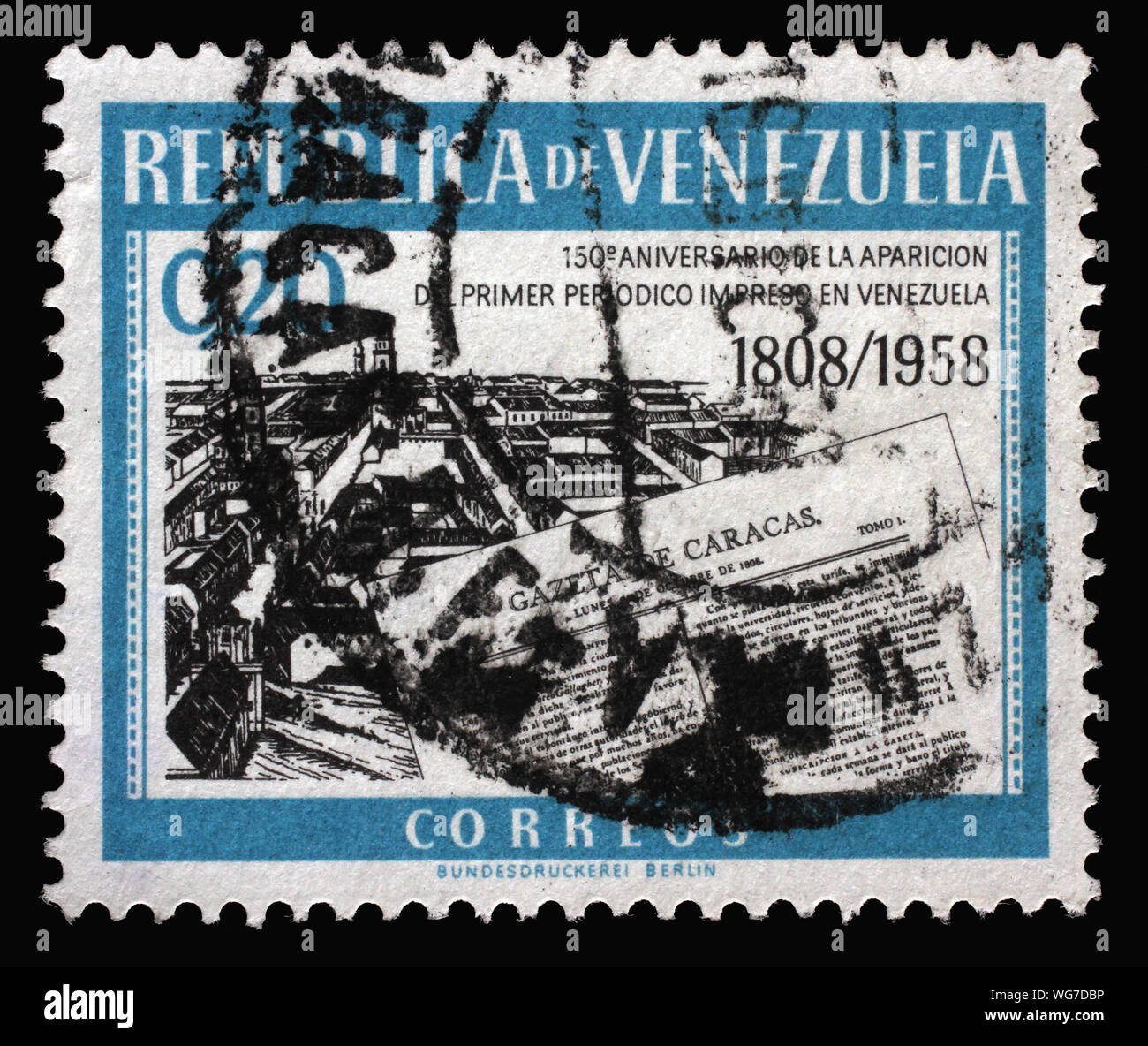 Stamp printed in Venezuela shows Gazeta de Caracas newspapers, circa ...