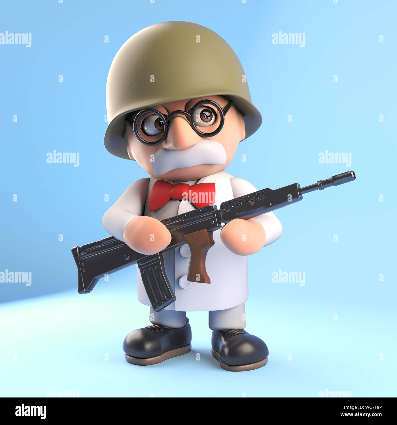 3d mad scientist professor character wearing an army helmet and holding ...