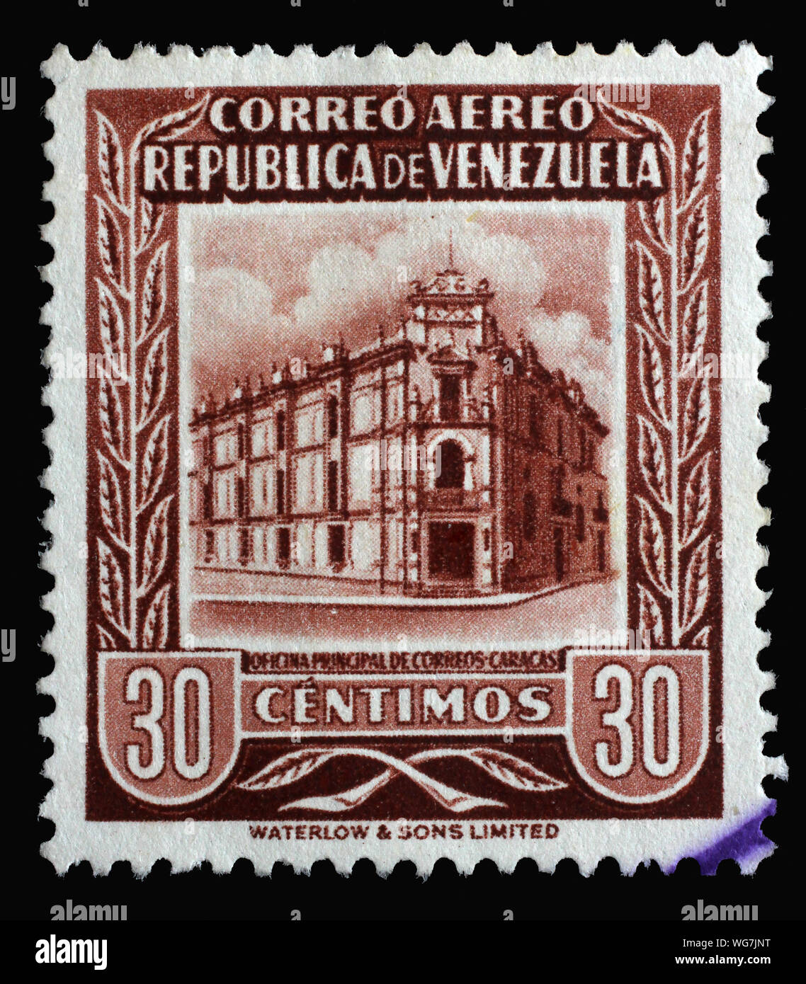 Stamp printed in Venezuela shows Main Post Office Caracas, circa 1955 ...