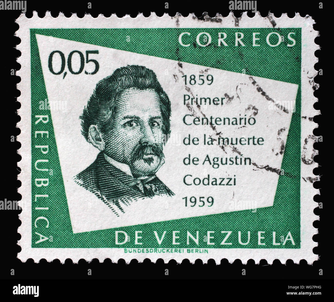 Stamp printed in Venezuela shows Centenary of the death of Agustin ...