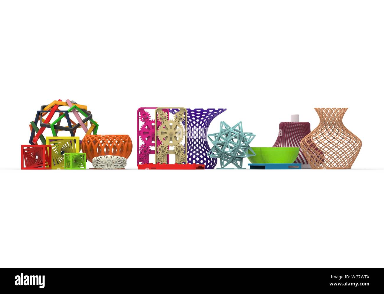 3D rendering of collection of complex typical 3D print products ...