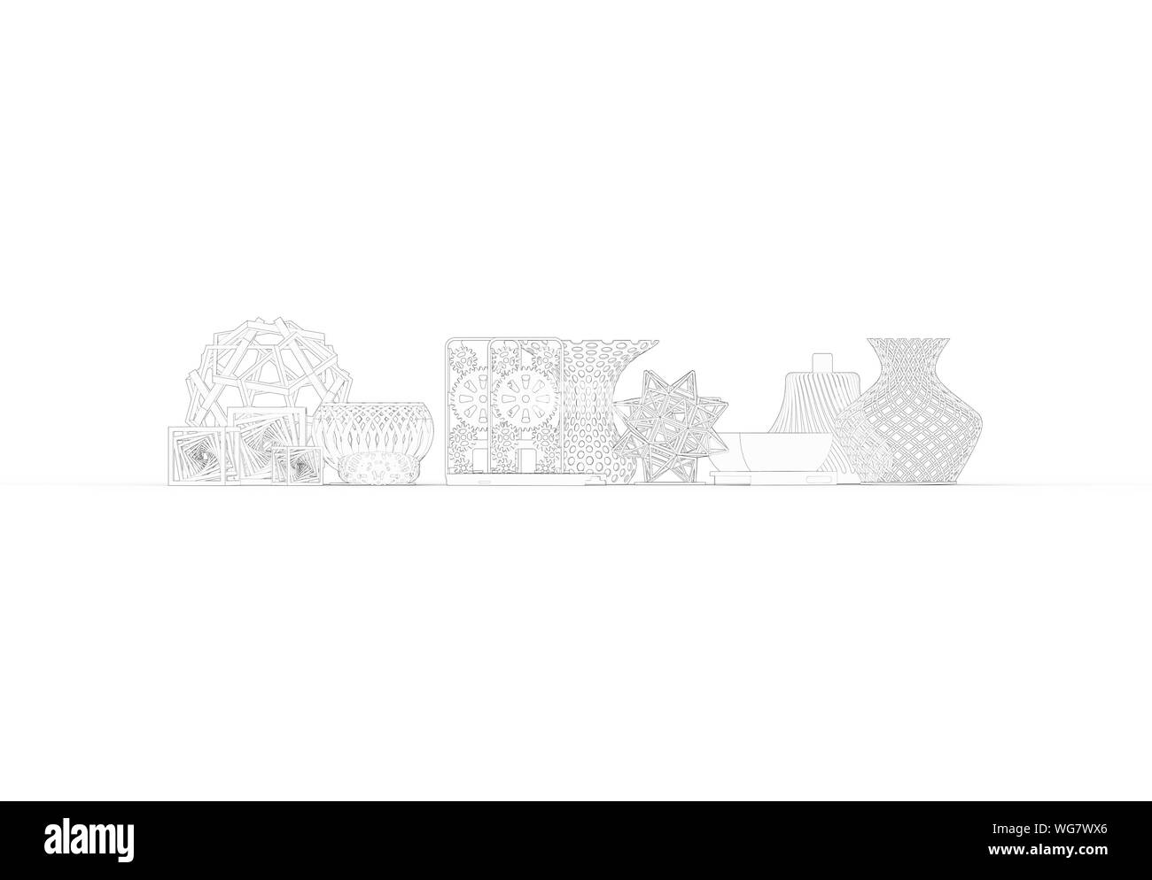 3D rendering of collection of complex typical 3D print products ...