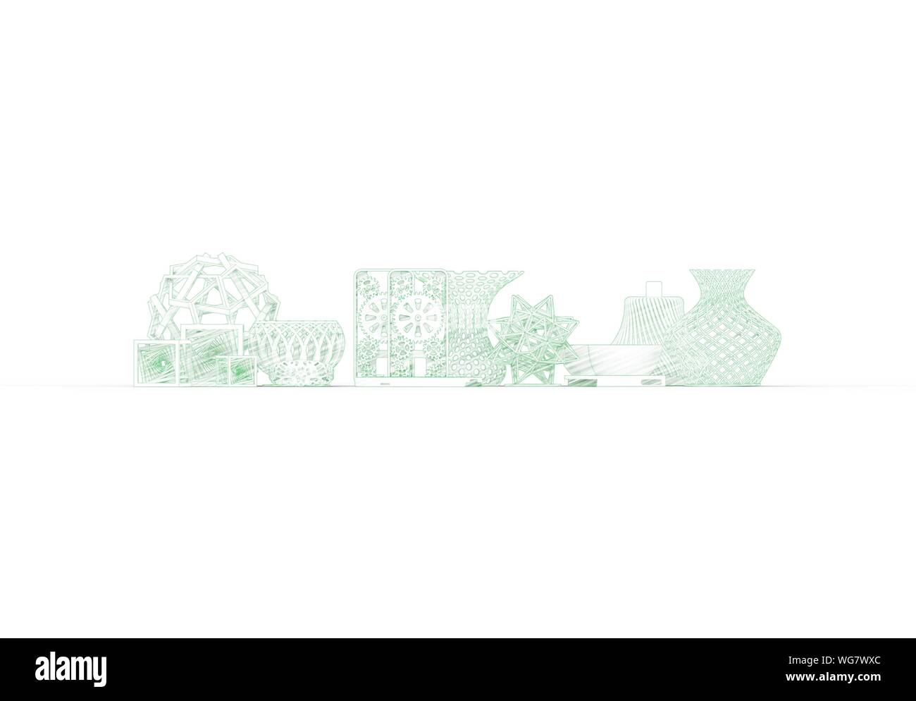 3D rendering of collection of complex typical 3D print products ...