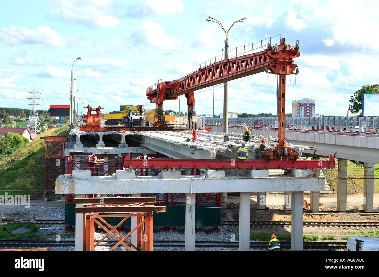 Repair of the automobile bridge over the railway. Mounting crane ...