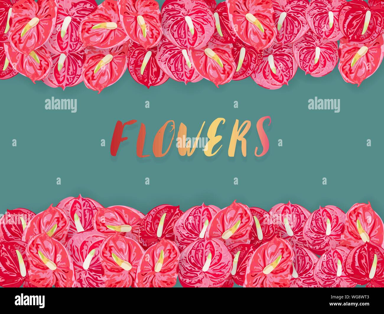 Pattern of red spadix flower on green background with empy space ...