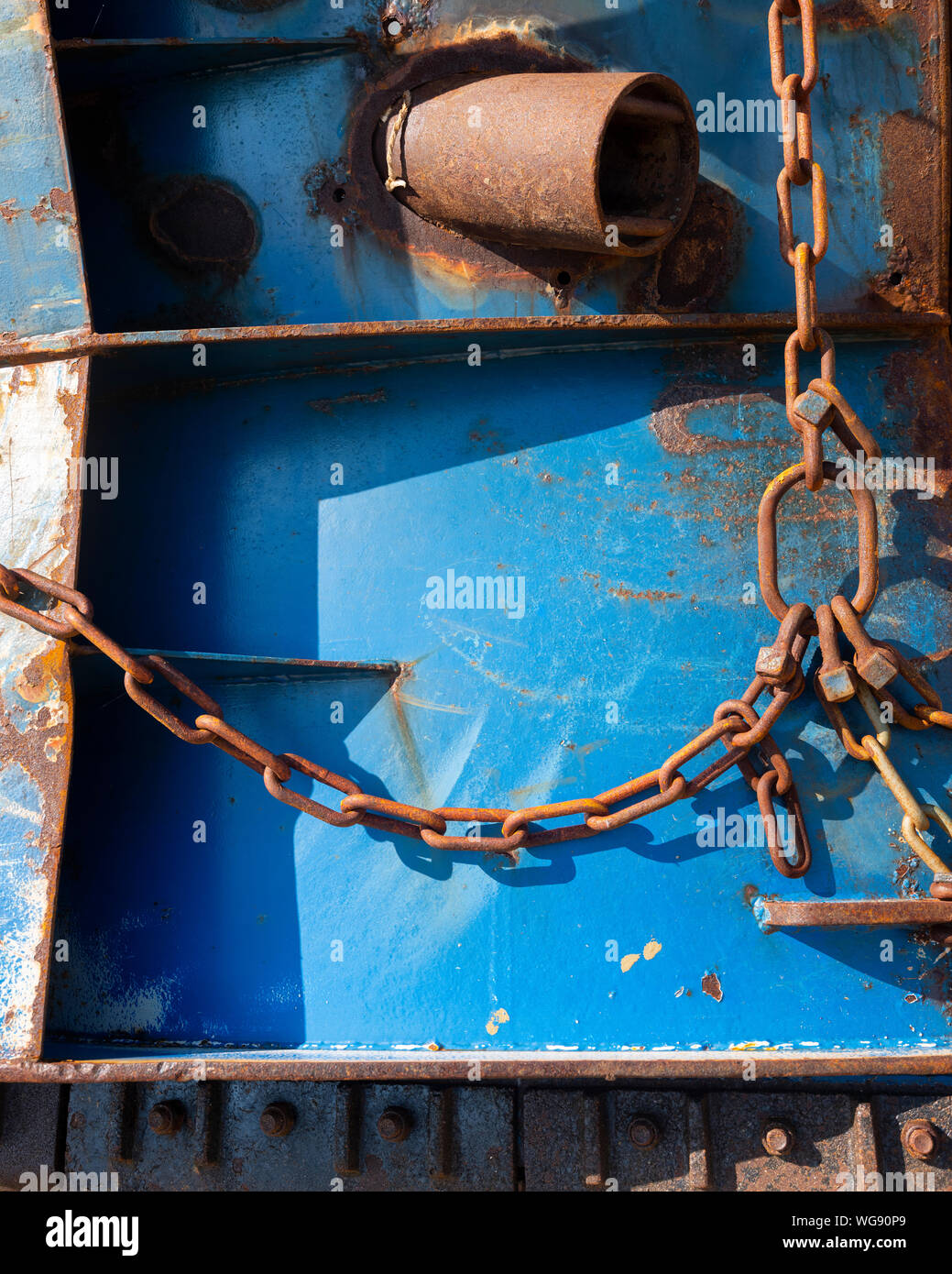 abstract blue part of rusty sheep hull and metal chain Stock Photo - Alamy