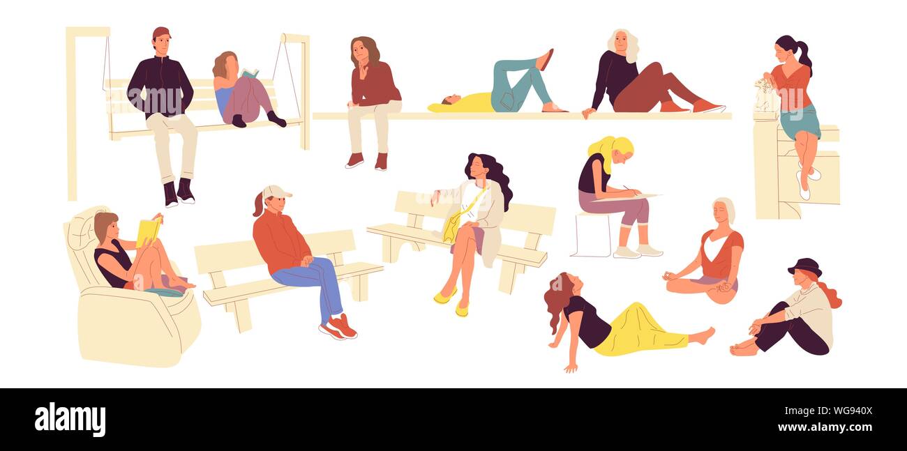 Set of sitting people. Bundle of women sitting on grass, benches ...