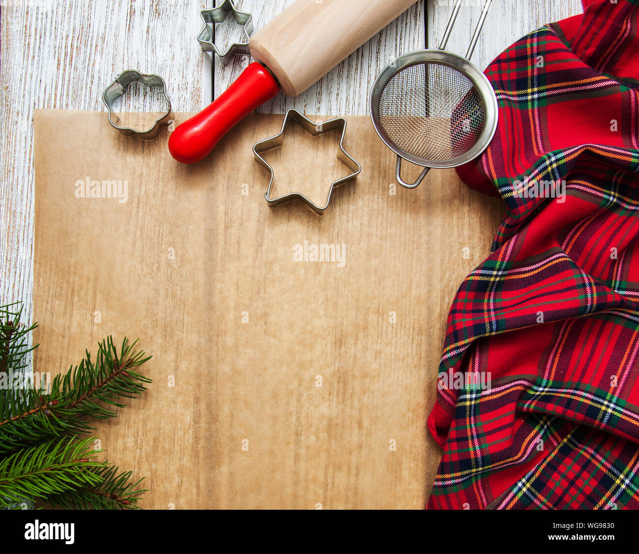 Christmas baking concept - rolling pin, napkin and cutter Stock Photo ...