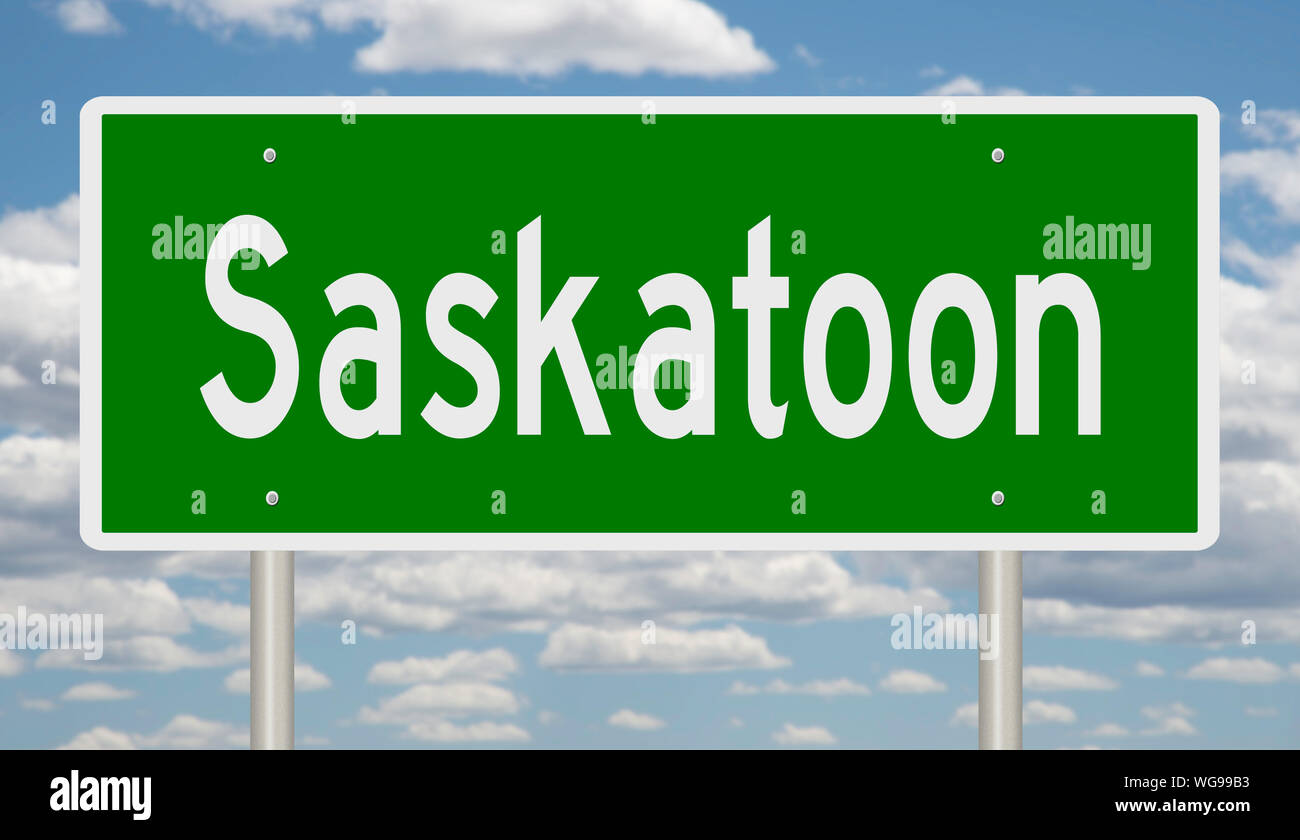 Rendering of a green highway sign for Saskatoon Saskatchewan Stock ...