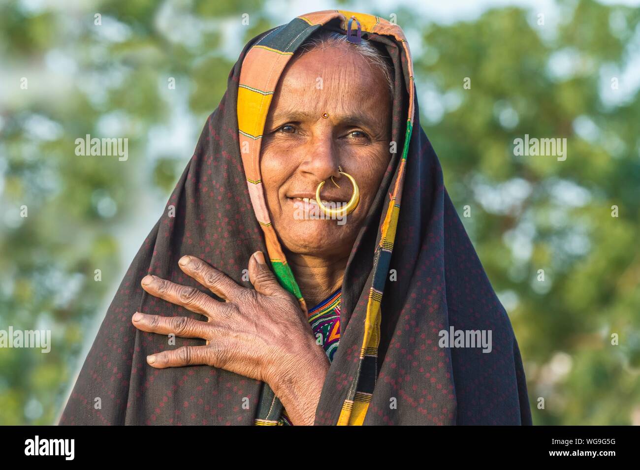 Elderly Ahir woman in traditional clothes with a nose ring, portrait ...