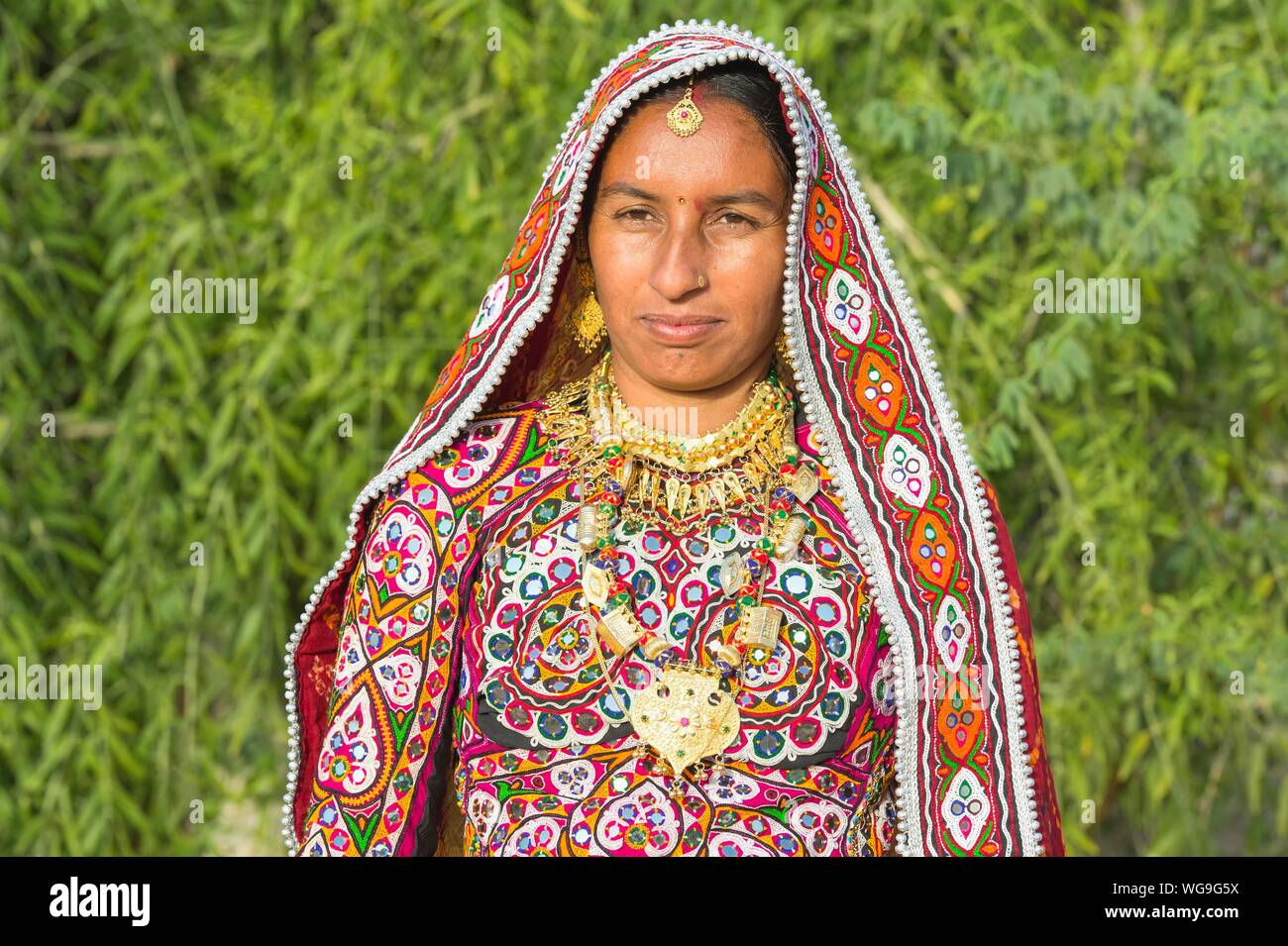 Ahir woman in traditional colorful clothes, portrait, Great Rann of ...