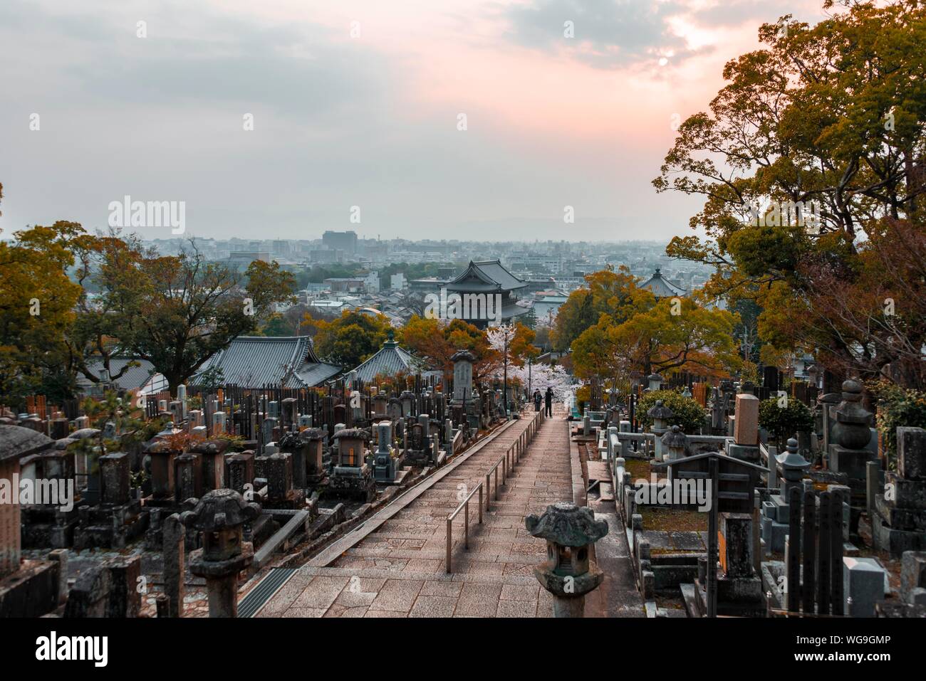 City view with temple and cemetery of the cherry blossom, Konkai ...