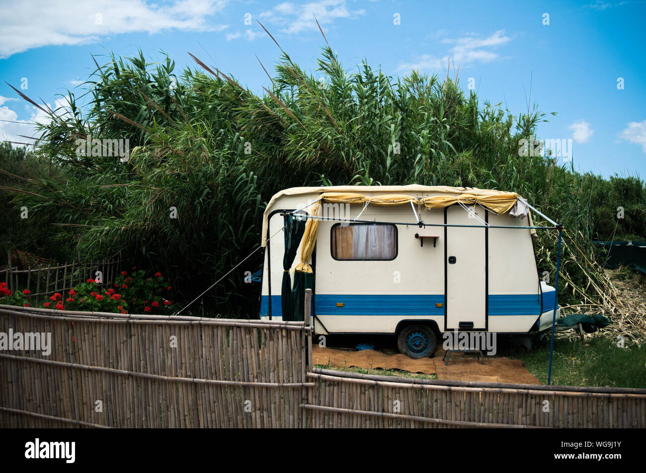Travel Trailer Parked Against Trees On Field Stock Photo - Alamy