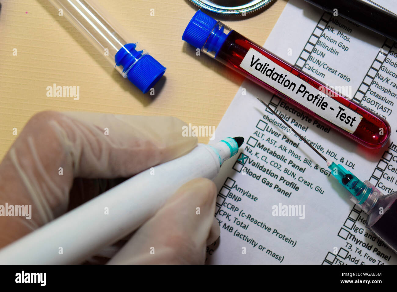 Validation Profile - Test with blood sample. Top view isolated on ...
