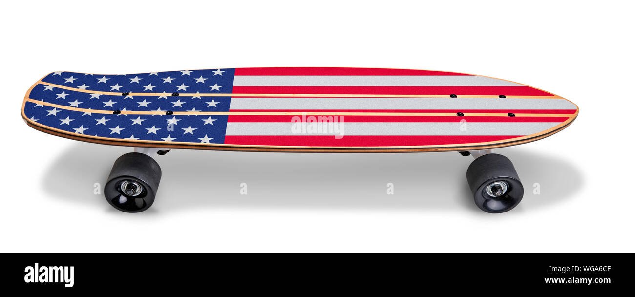 Wooden skate board with USA flag isolated on a white background with ...