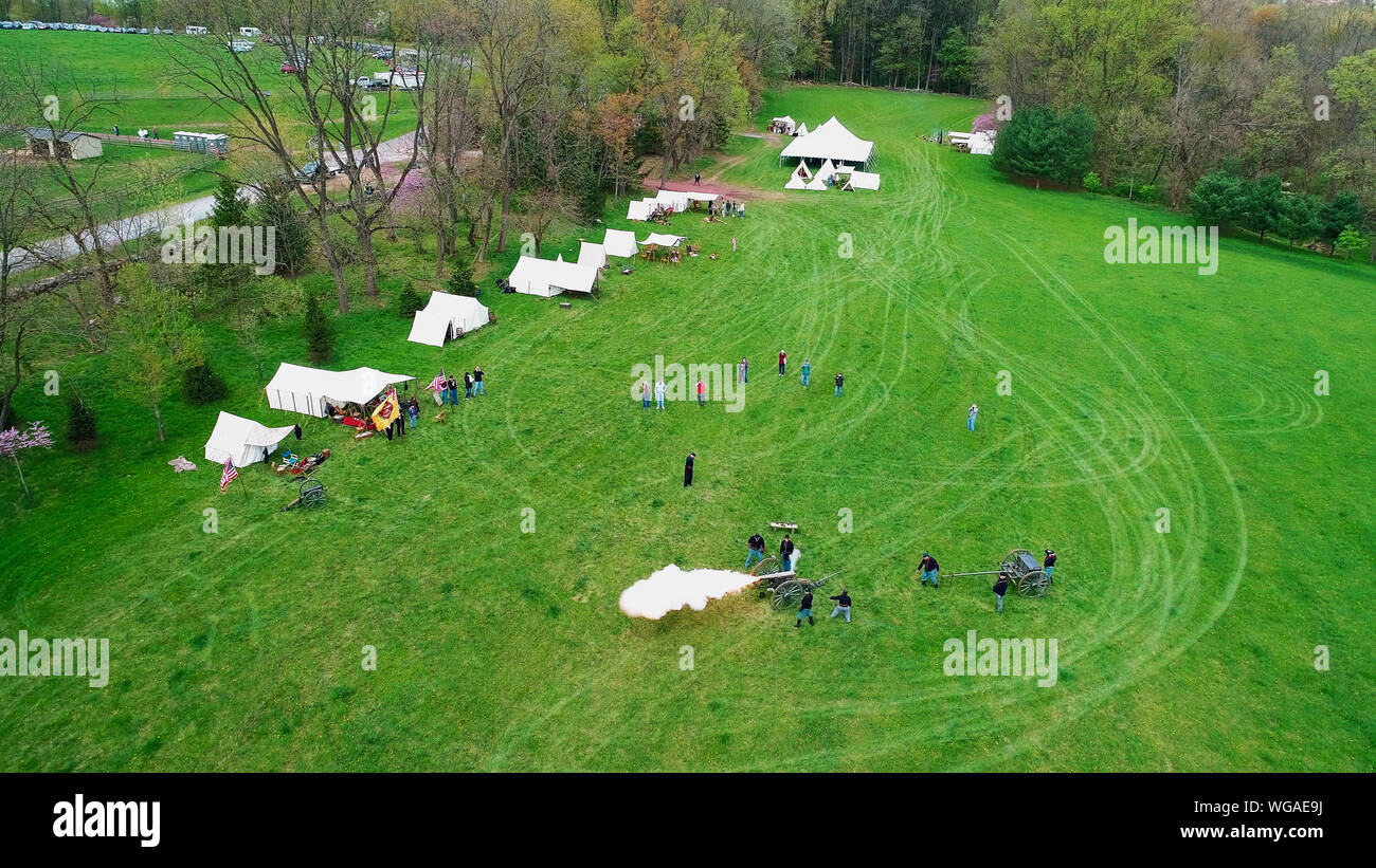 Aerial View of a Civil War Reenactment Cannon Firing on a Sunny Summer ...