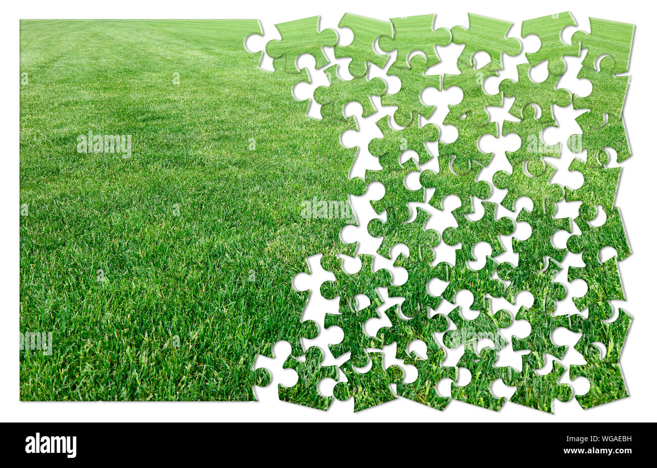 Beautiful green mowed lawn in jigsaw puzzle shape - concept image Stock ...