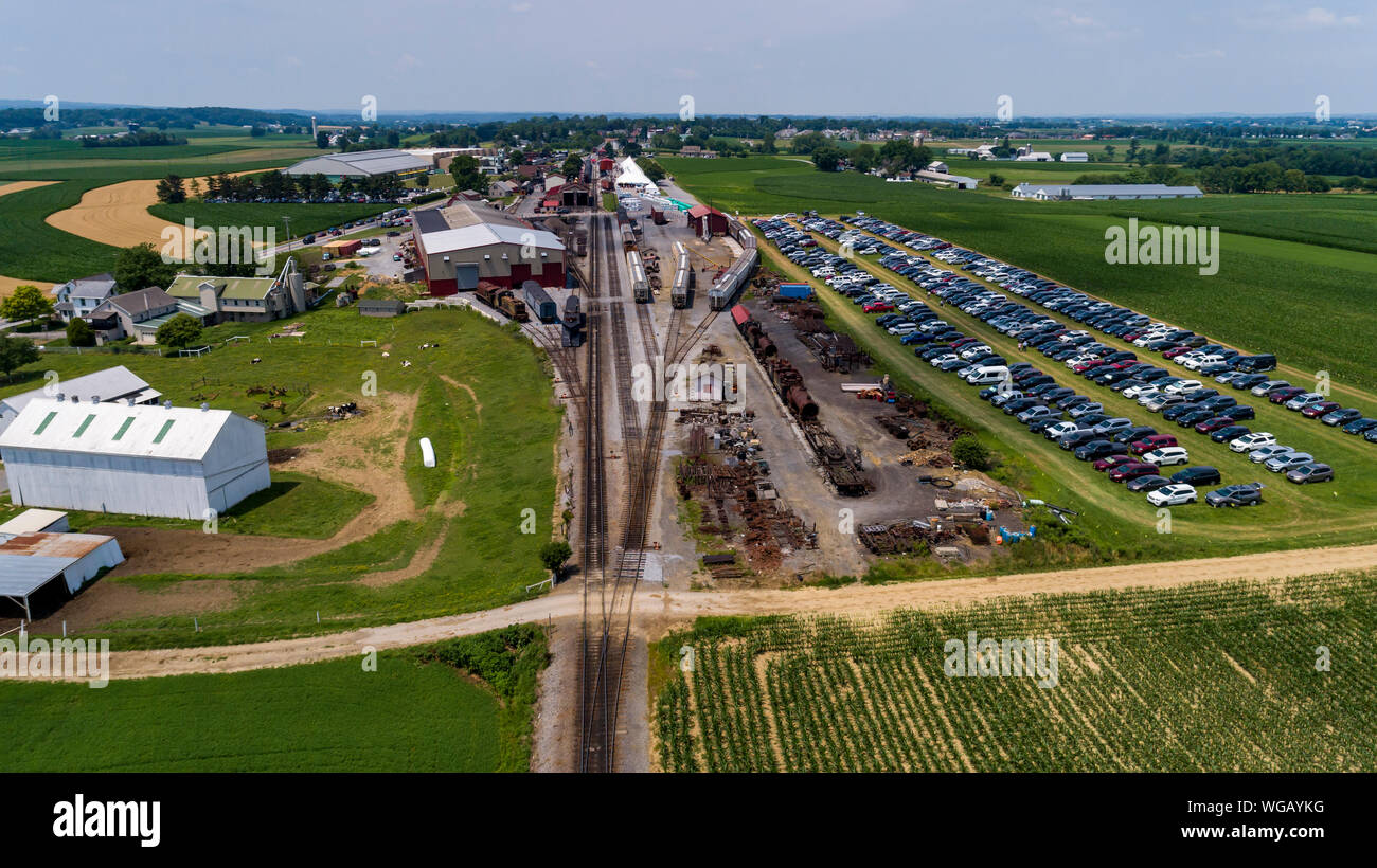 Aerial View of Train Yard Waiting for Trains on a Sunny Summer Day ...