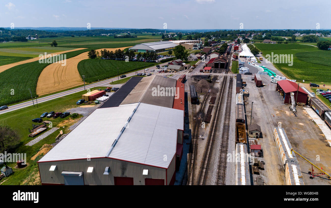 Aerial View of Train Yard Waiting for Trains on a Sunny Summer Day ...