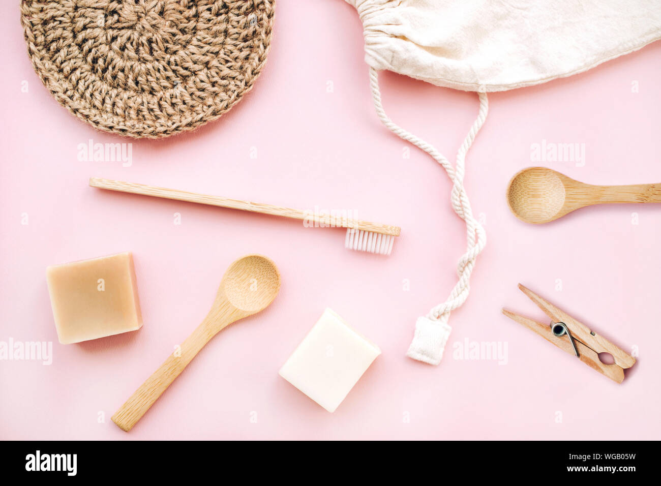 Zero waste set for bathing on light pink background Stock Photo - Alamy