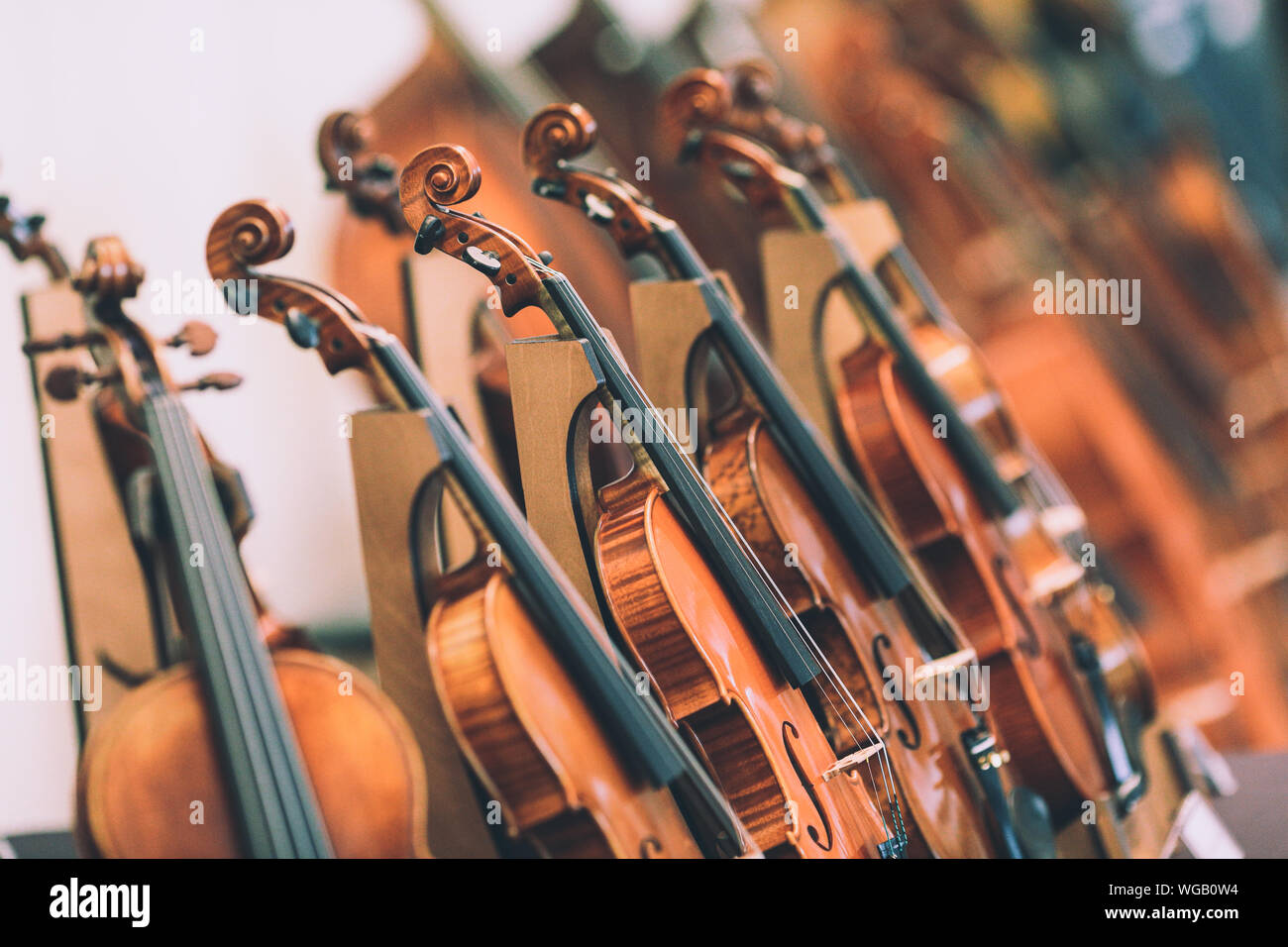 Details with parts of violins before a symphonic classical concert ...
