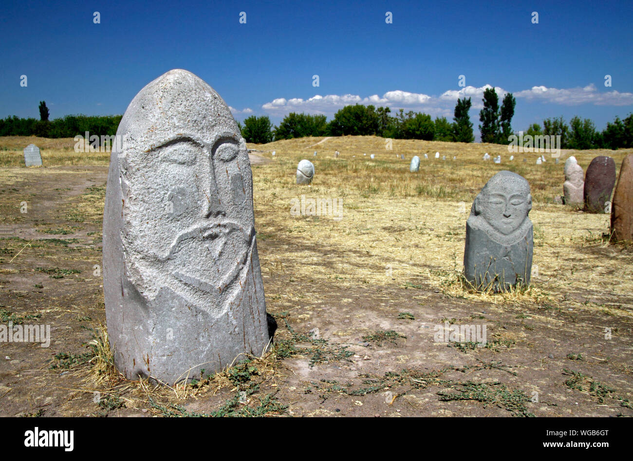 Ancient stone sculptures (Kurgan stelae or Balbals) near the Burana ...