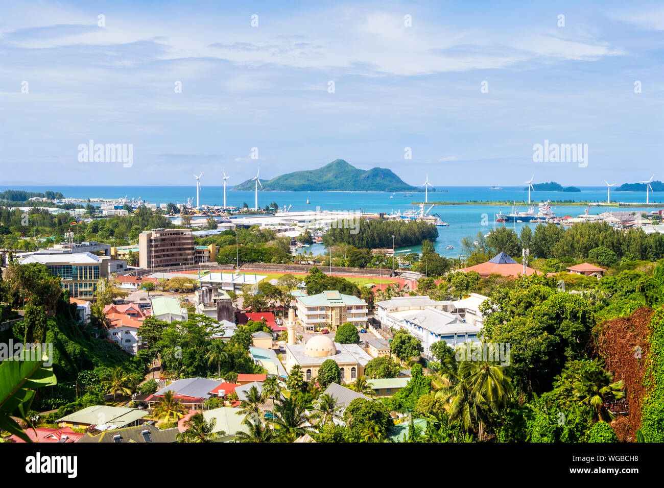 Overlook of colourful Seychelles capital Victoria, Mahe island Stock ...