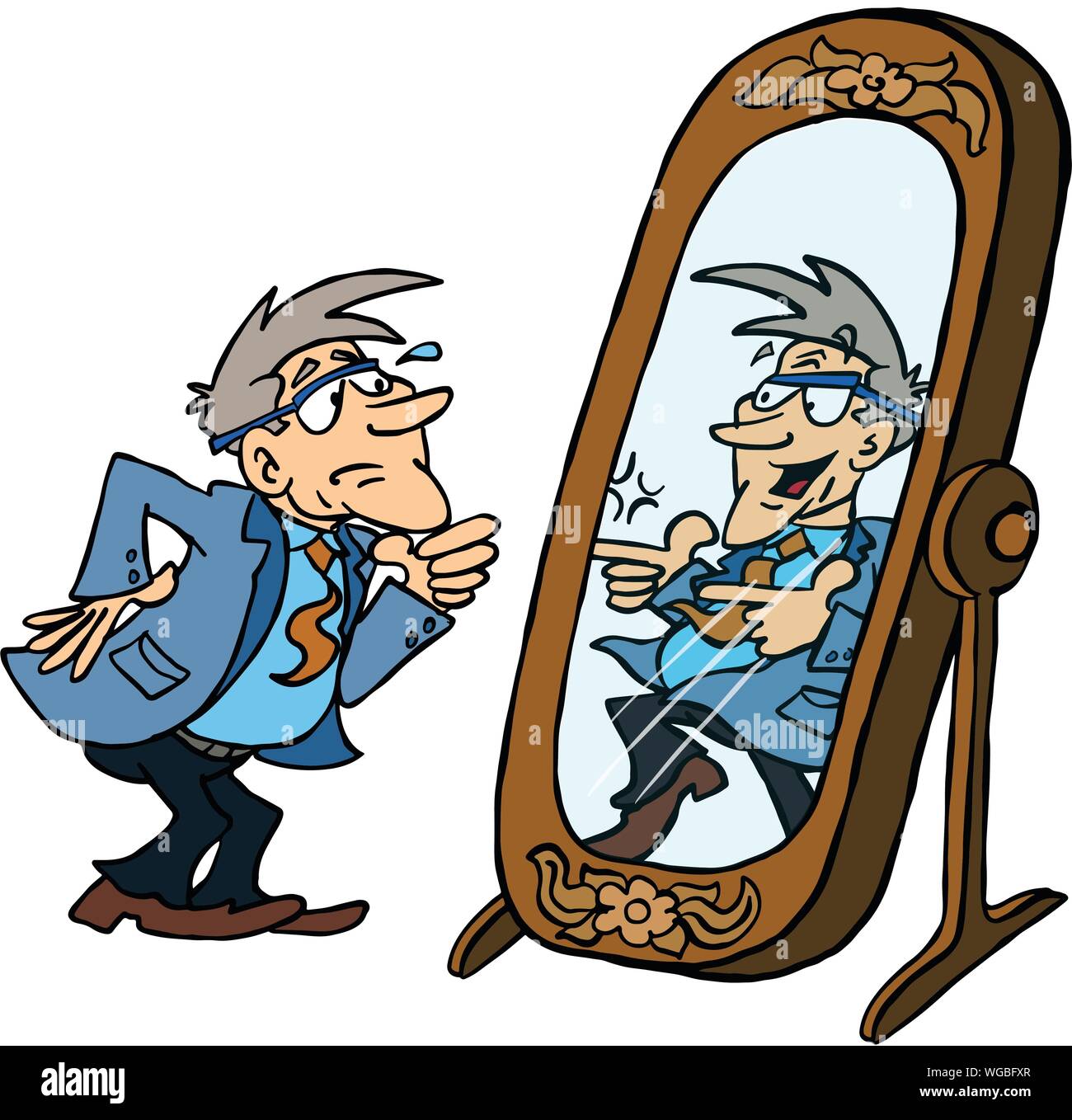 Senior man looking at his energized self in the mirror Stock Vector ...