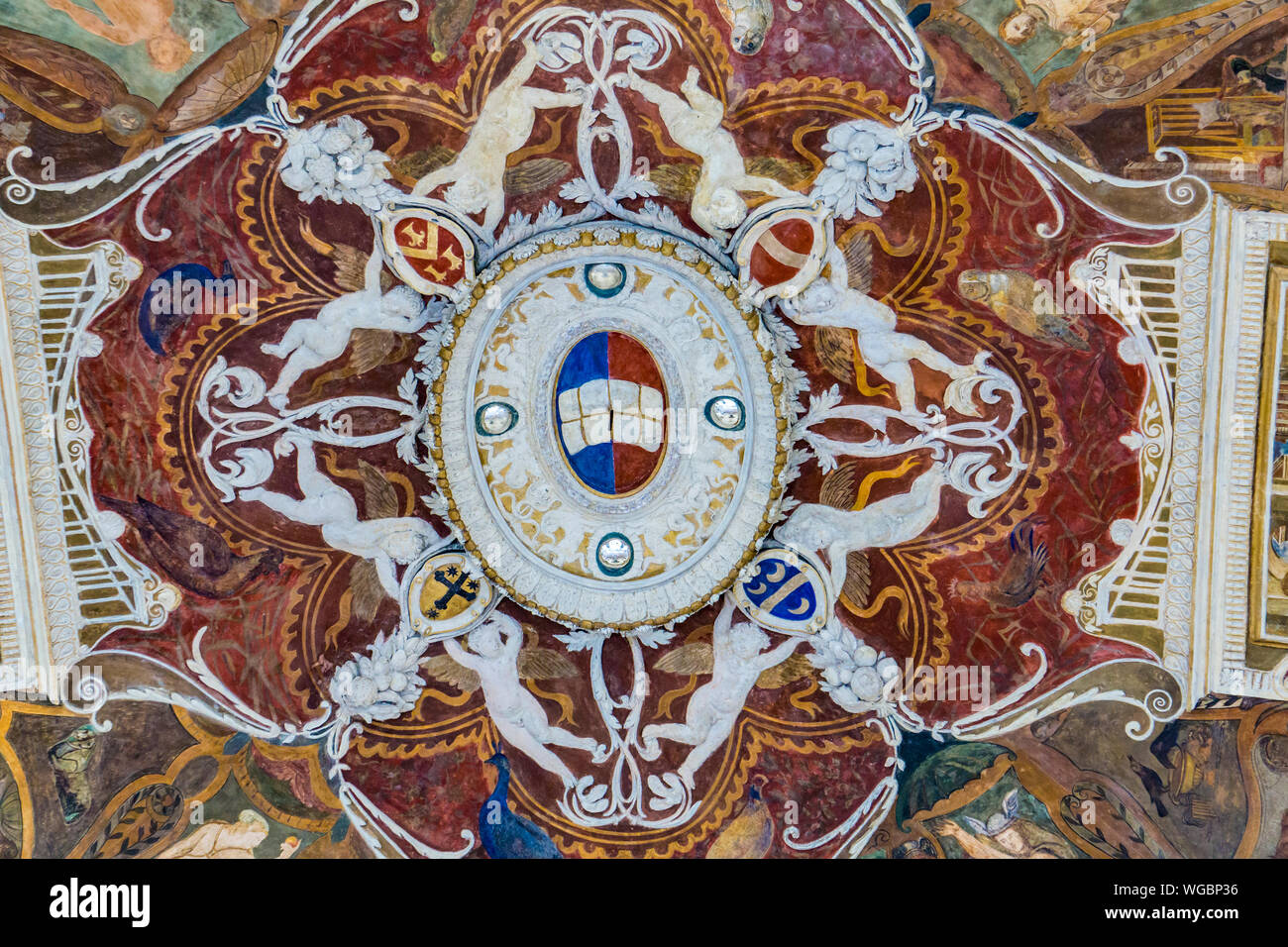 Closeup of the decorative ceilings of Loggia della Mercanzia in Siena ...